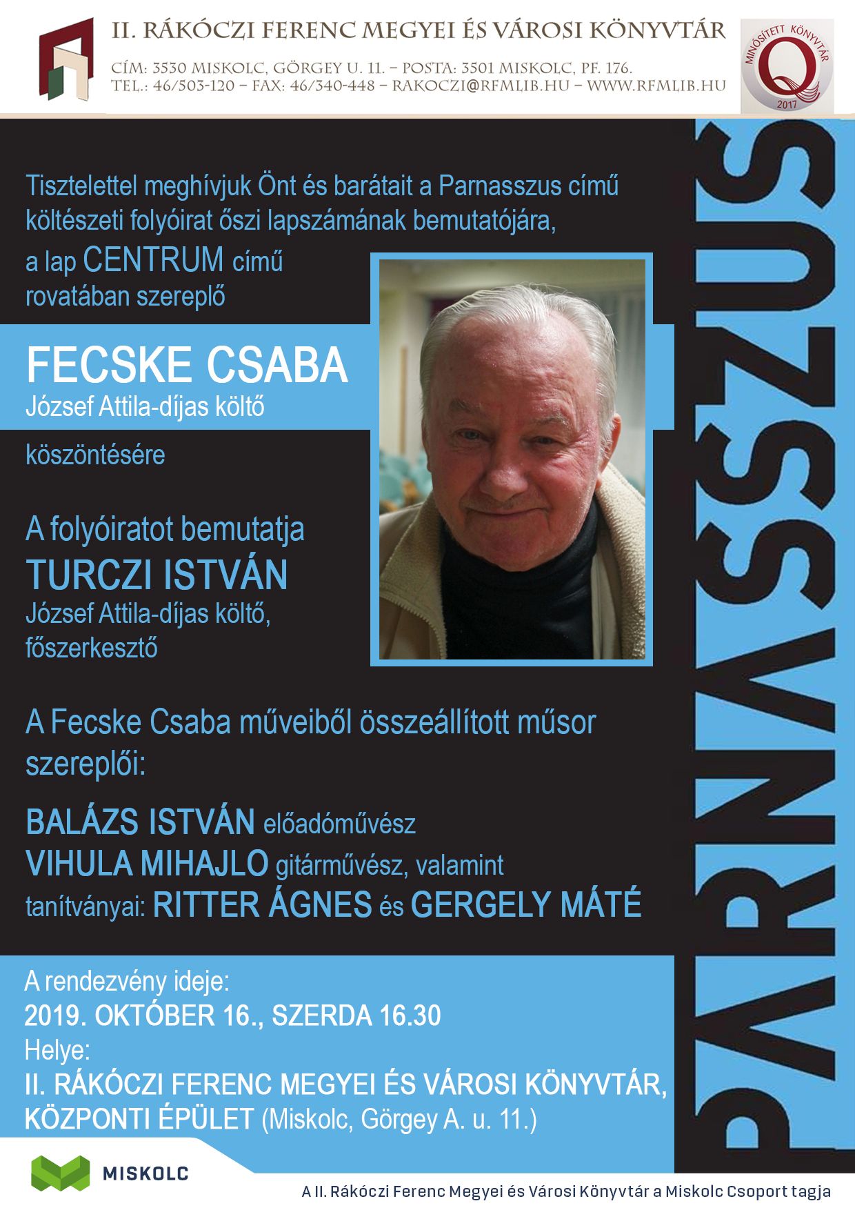 Meghívó – lapszámunk Centrumában Fecske Csaba – parnasszus.hu